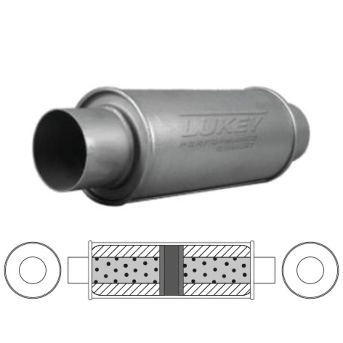 Lukey - 2 1/2" ID - Round Muffler - 12" Long x 5" Round Glass Packed ...